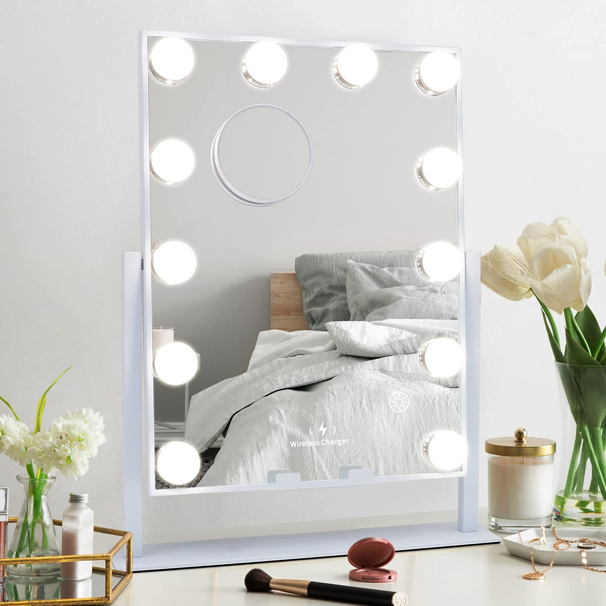 MISAVANITY Hollywood Vanity Makeup Mirror with Lights Vanity Mirror with Wireless Charger and 10X Magnification, Beauty Cosmetic Mirror with 12 LED Bulbs for Tabletop Dressing Room