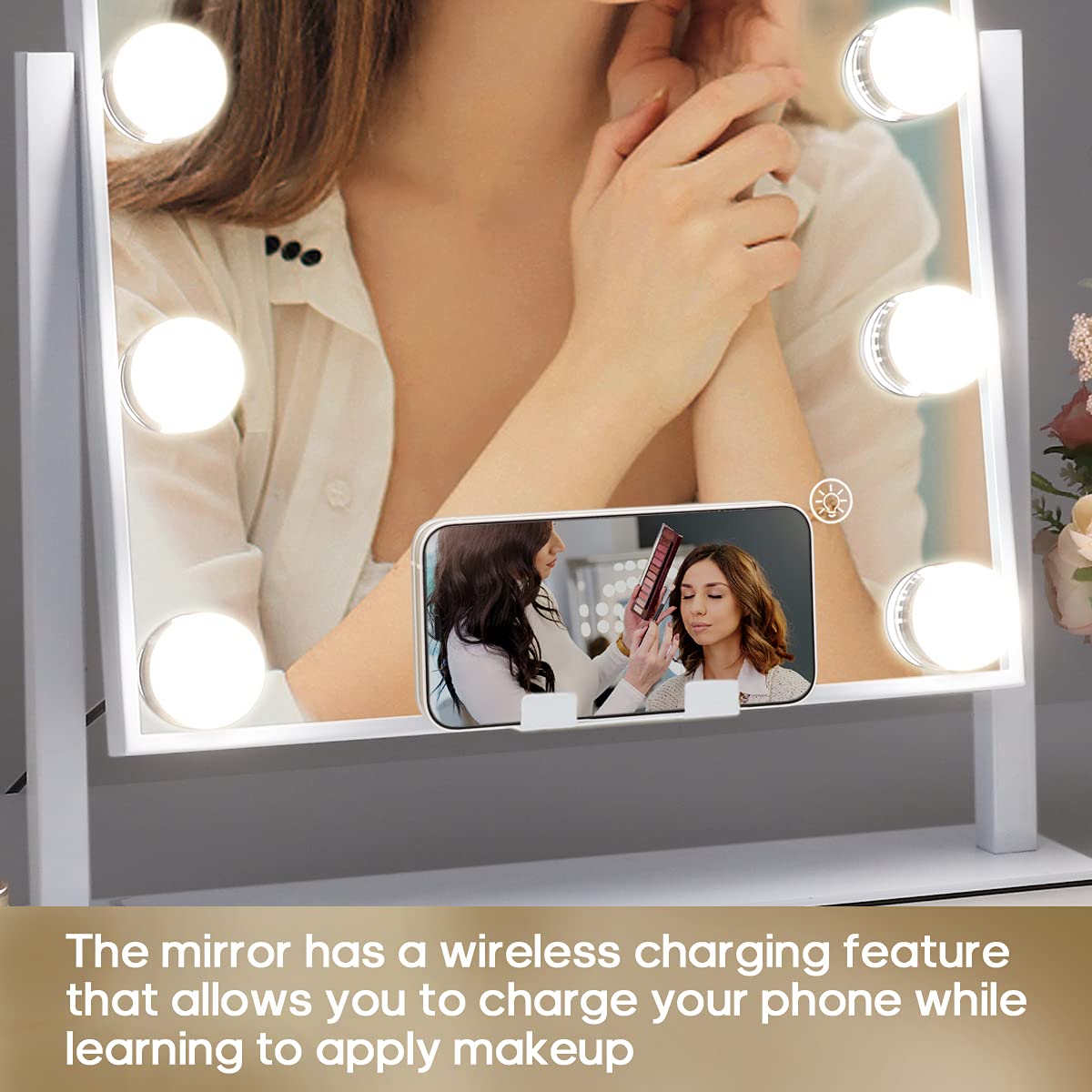 MISAVANITY Hollywood Vanity Makeup Mirror with Lights Vanity Mirror with Wireless Charger and 10X Magnification, Beauty Cosmetic Mirror with 12 LED Bulbs for Tabletop Dressing Room