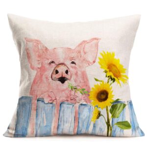 asminifor adorable pink pig sunflowers decorative throw pillow covers outdoor garden wood fence flowers cotton linen pillowcase home decor cushion case for sofa bed chair 18x18inch (ap-pig)