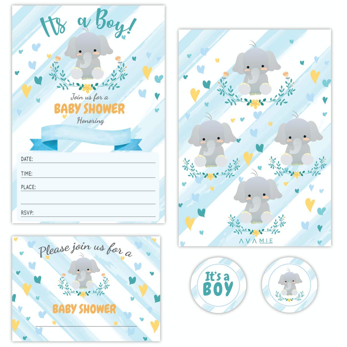 Avamie 20 Pack It's A Boy Blue Elephant Baby Shower Invitations with Envelopes and Stickers, Baby Shower Invitations For Boys