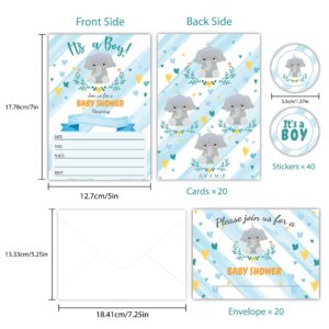 Avamie 20 Pack It's A Boy Blue Elephant Baby Shower Invitations with Envelopes and Stickers, Baby Shower Invitations For Boys