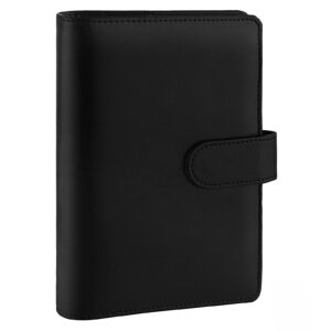 antner a6 pu leather notebook binder refillable 6 ring budget binder for a6 filler paper, loose leaf personal planner binder cover with magnetic buckle closure, black