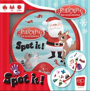 usaopoly spot it! rudolph | fun card game for kids and adults | featuring rudolph, santa claus, yukon cornelius, bumbles and more | licensed rudolph the red nosed reindeer game