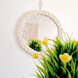 hanging wall mirror with macrame fringe, round antique mirror frame art, bohemian handmade decor for apartment living room bedroom baby nursery dorm entryways gift f