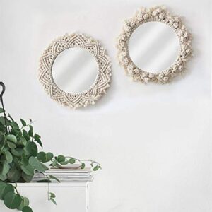 Hanging Wall Mirror with Macrame Fringe, Round Antique Mirror Frame Art, Bohemian Handmade Decor for Apartment Living Room Bedroom Baby Nursery Dorm Entryways Gift F