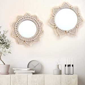 Hanging Wall Mirror with Macrame Fringe, Round Antique Mirror Frame Art, Bohemian Handmade Decor for Apartment Living Room Bedroom Baby Nursery Dorm Entryways Gift F