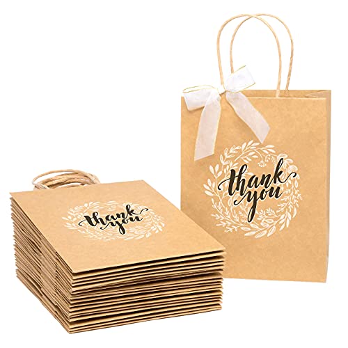 VHOB Artenkraft Medium Thank You Gift Bags Bulk with Handles 50pcs- Premium Brown Kraft Paper Bags for Wedding Birthday Graduation Party Favors Baby Shower Retail Merchandise 8x4.75x10 Inches (Brown)