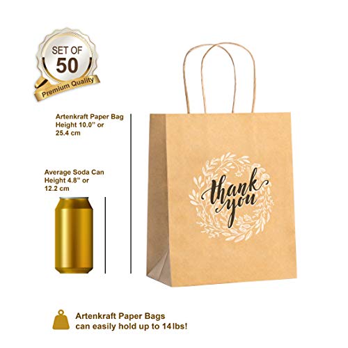 VHOB Artenkraft Medium Thank You Gift Bags Bulk with Handles 50pcs- Premium Brown Kraft Paper Bags for Wedding Birthday Graduation Party Favors Baby Shower Retail Merchandise 8x4.75x10 Inches (Brown)