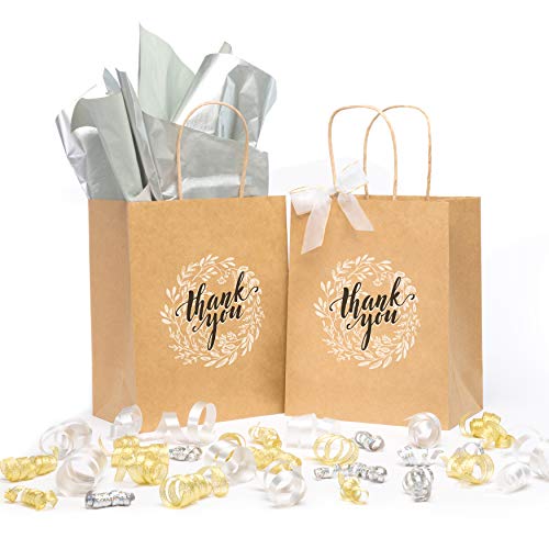 VHOB Artenkraft Medium Thank You Gift Bags Bulk with Handles 50pcs- Premium Brown Kraft Paper Bags for Wedding Birthday Graduation Party Favors Baby Shower Retail Merchandise 8x4.75x10 Inches (Brown)