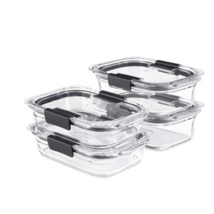 rubbermaid brilliance glass food storage set of 4 containers, 8 total pieces (4 containers + 4 lids) for lunch, meal prep, and leftovers, dishwasher and oven safe, clear/grey