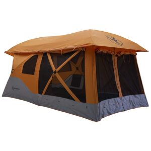 gazelle t4 plus extra large 4 to 8 person portable pop up outdoor shelter camping hub tent with rain fly & extended screened in sun room, orange