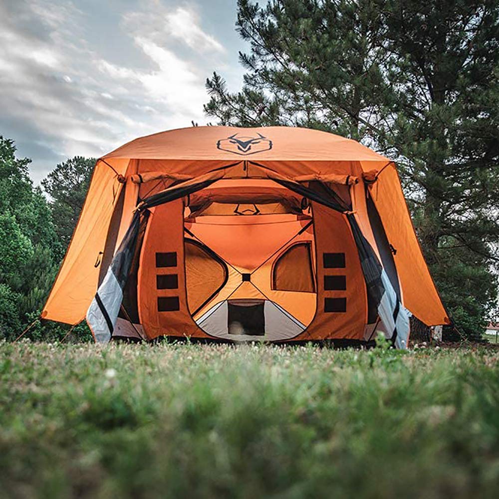 Gazelle T4 Plus Extra Large 4 to 8 Person Portable Pop Up Outdoor Shelter Camping Hub Tent with Rain Fly & Extended Screened In Sun Room, Orange