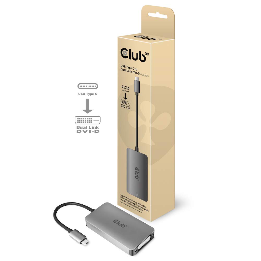 Club3D CAC-1510-A USB Type C to Dual Link DVI-D Cable Adapter Support 3840x2160@30hz, 2560x1600@60Hz HDCP Off for Apple Cinema Displays M/F