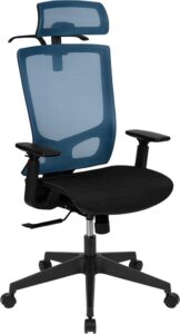 flash furniture layla ergonomic mesh office chair with synchro-tilt, pivot adjustable headrest, lumbar support, coat hanger and adjustable arms in blue/black