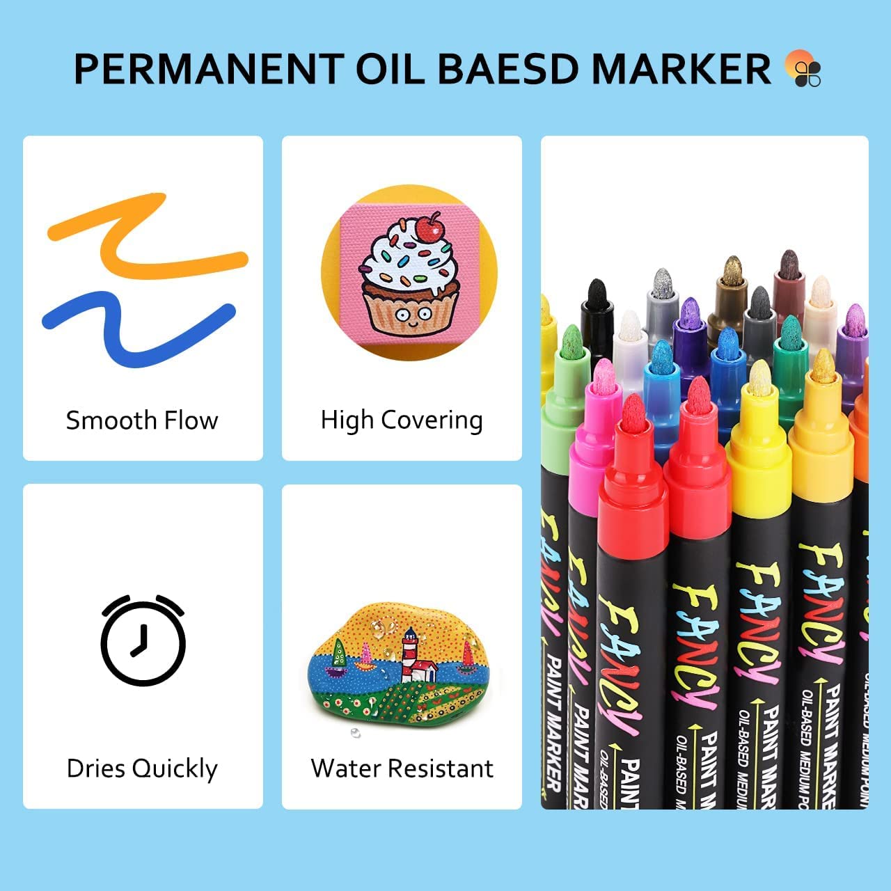 Emooqi Paint Pens, Paint Markers 20 Pack Oil-Based Painting Pen Set for Rocks Painting Wood Plastic Canvas Glass Mugs DIY Craft