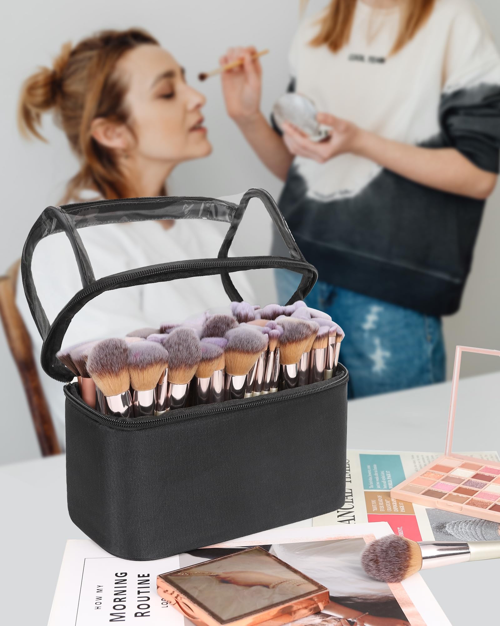 Makeup Brush Case Makeup Brush Organizer Bag Travel Stand-up Makeup Cup Professional Cosmetic Bags Artist Storage Bag with Adjustable Dividers Flip-Top Makeup Brush Holder (Black)