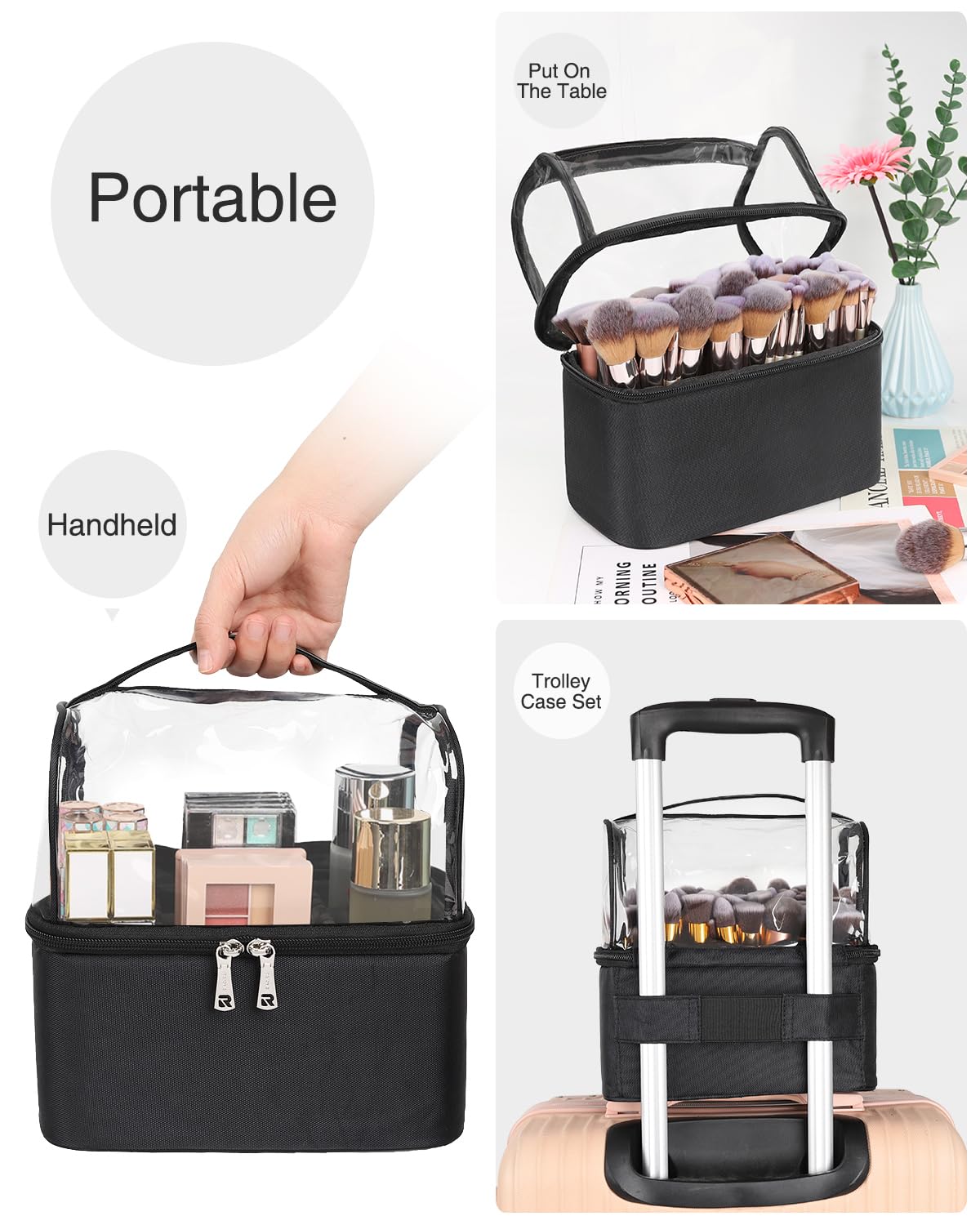 Makeup Brush Case Makeup Brush Organizer Bag Travel Stand-up Makeup Cup Professional Cosmetic Bags Artist Storage Bag with Adjustable Dividers Flip-Top Makeup Brush Holder (Black)