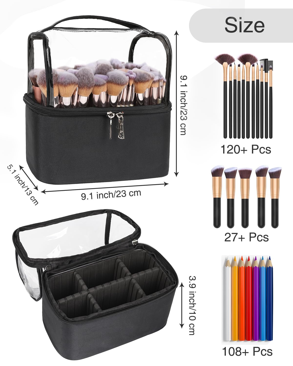 Makeup Brush Case Makeup Brush Organizer Bag Travel Stand-up Makeup Cup Professional Cosmetic Bags Artist Storage Bag with Adjustable Dividers Flip-Top Makeup Brush Holder (Black)