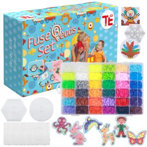 fuse beads bulk - complete craft package for beading, 3d art projects, comes with 9600 assorted beads, 10 pegboards, 4 beadsezers, 4 iron beads papers, 30 rings, and 4 ropes