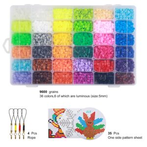 Fuse Beads Bulk - Complete Craft Package for Beading, 3D Art Projects, Comes with 9600 Assorted Beads, 10 Pegboards, 4 beadsezers, 4 Iron Beads Papers, 30 Rings, and 4 Ropes