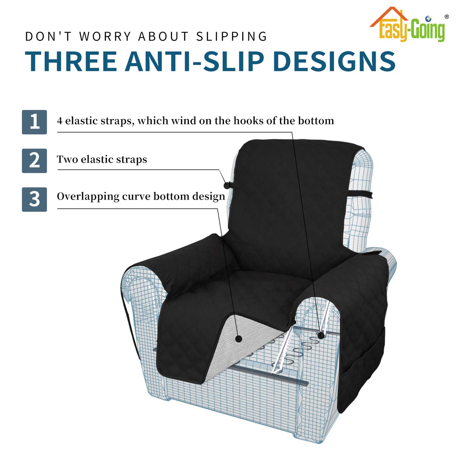 Easy-Going Sofa Slipcover Waterproof Recliner Chair Cover Non-Slip Fabric Couch Cover for Living Room Washable Furniture Protector for Pets Kids Children Dog Cat (Recliner, Black)