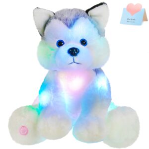 houwsbaby light up husky stuffed animal dog floppy led plush toy puppy night lights glow pillow birthday gifts for kids toddler girls, gray, 11''