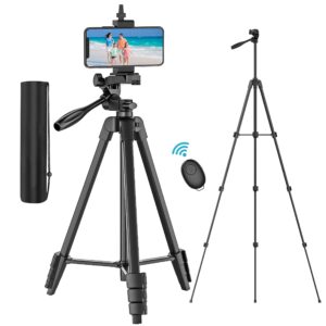 54" phone tripod stand extendable, lightweight aluminum tripod for iphone with remote, phone holder for live stream & selfies, video recording, compatible with phone/gopro/digital cameras