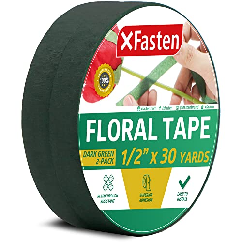 XFasten Wide Floral Tapes for Bouquet 1/2-Inch x 30 Yards - Dark Green (2-Pack) Bouquet Stem Wrap Tape for Florist – Waterproof Boutineer Tape for Flower Stem Wrap and Craft Adhesive