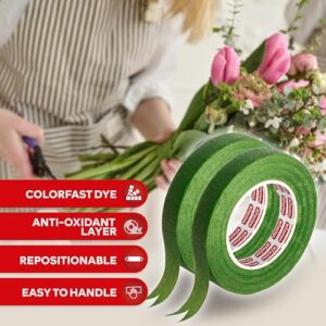 XFasten Wide Floral Tapes for Bouquet 1/2-Inch x 30 Yards - Dark Green (2-Pack) Bouquet Stem Wrap Tape for Florist – Waterproof Boutineer Tape for Flower Stem Wrap and Craft Adhesive