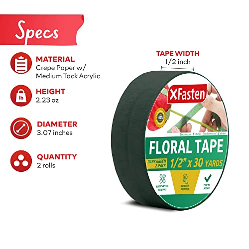 XFasten Wide Floral Tapes for Bouquet 1/2-Inch x 30 Yards - Dark Green (2-Pack) Bouquet Stem Wrap Tape for Florist – Waterproof Boutineer Tape for Flower Stem Wrap and Craft Adhesive