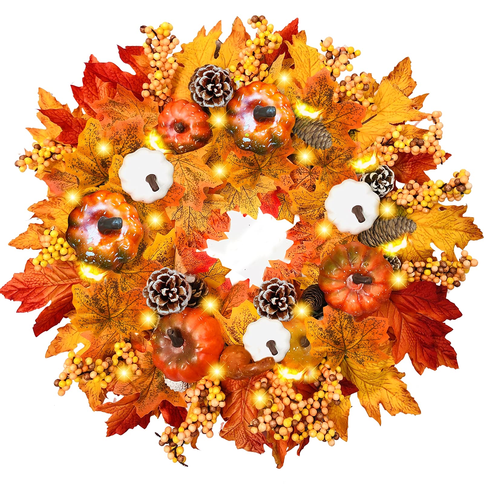 [ Timer ] 20" Prelit Fall Wreath Thanksgivings Decor for Front Door with 20 Warm Light Pumpkin Maples Leaf Pine Cone Berry Battery Operated Fall Autumns Harvest Home Indoor Outdoor