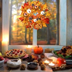 [ Timer ] 20" Prelit Fall Wreath Thanksgivings Decor for Front Door with 20 Warm Light Pumpkin Maples Leaf Pine Cone Berry Battery Operated Fall Autumns Harvest Home Indoor Outdoor