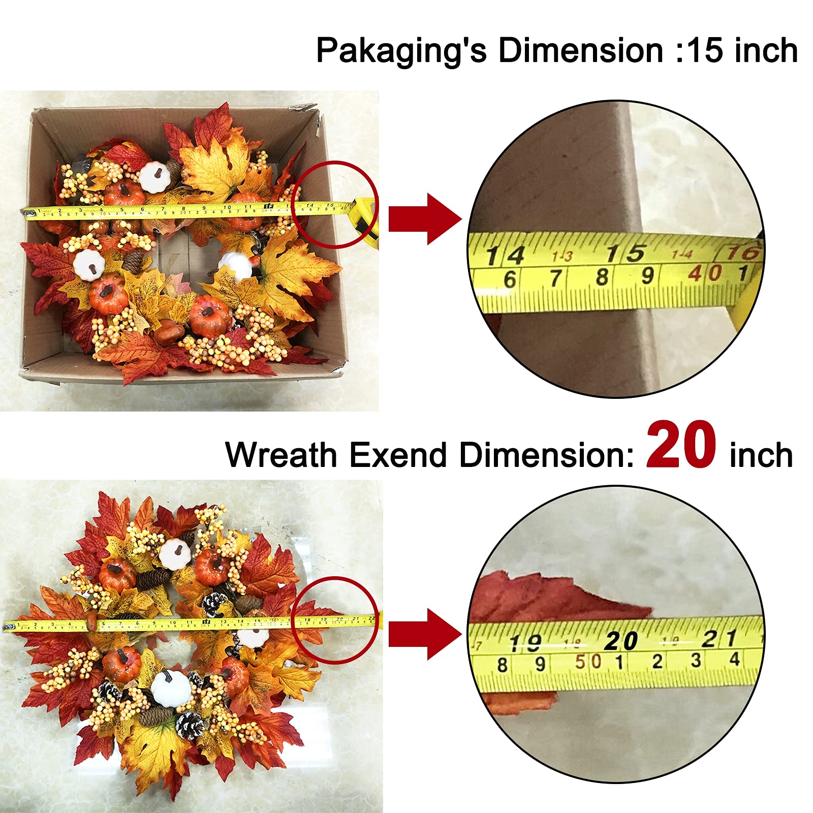 [ Timer ] 20" Prelit Fall Wreath Thanksgivings Decor for Front Door with 20 Warm Light Pumpkin Maples Leaf Pine Cone Berry Battery Operated Fall Autumns Harvest Home Indoor Outdoor