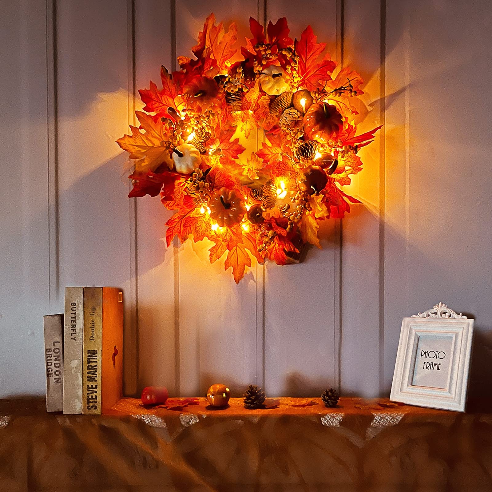 [ Timer ] 20" Prelit Fall Wreath Thanksgivings Decor for Front Door with 20 Warm Light Pumpkin Maples Leaf Pine Cone Berry Battery Operated Fall Autumns Harvest Home Indoor Outdoor