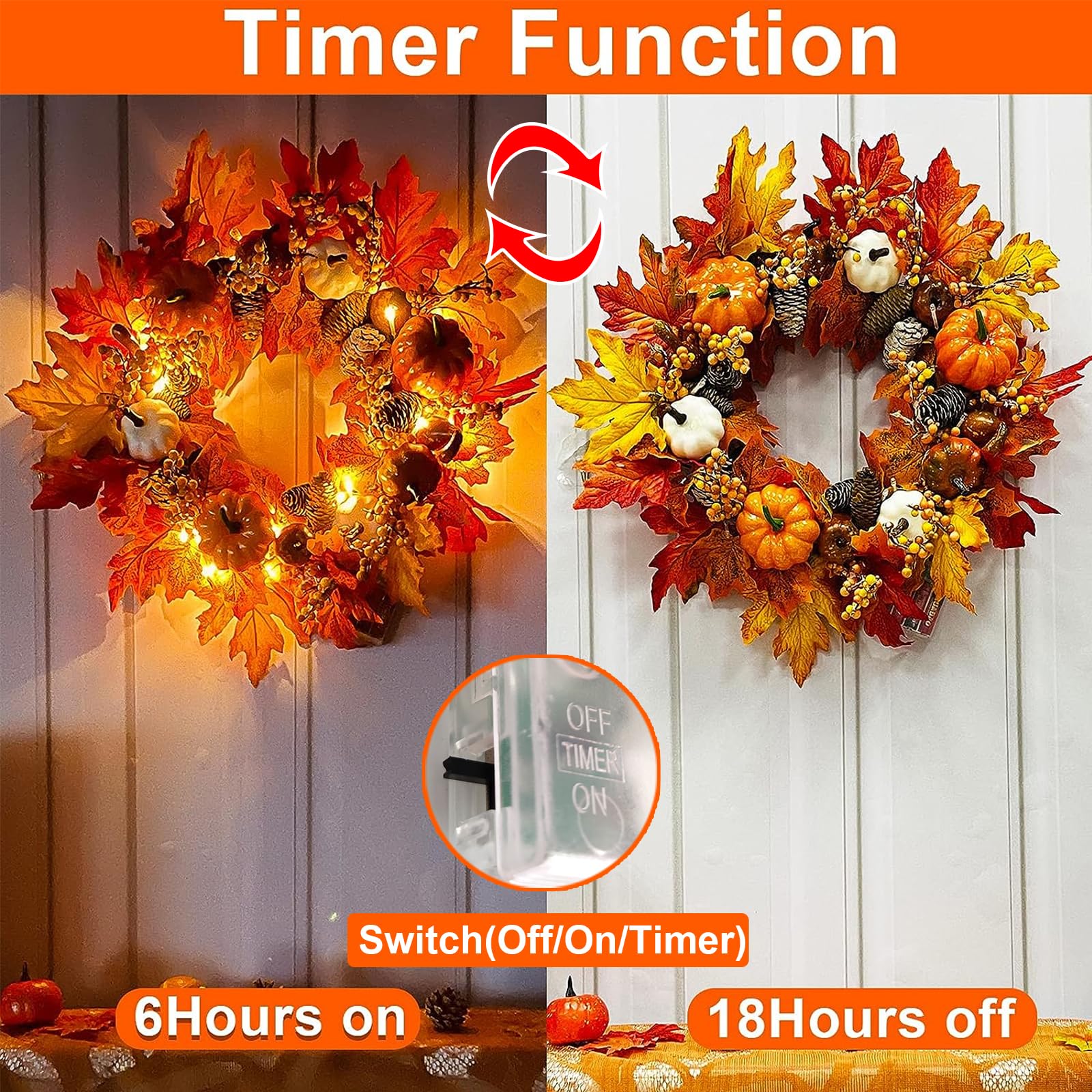 [ Timer ] 20" Prelit Fall Wreath Thanksgivings Decor for Front Door with 20 Warm Light Pumpkin Maples Leaf Pine Cone Berry Battery Operated Fall Autumns Harvest Home Indoor Outdoor