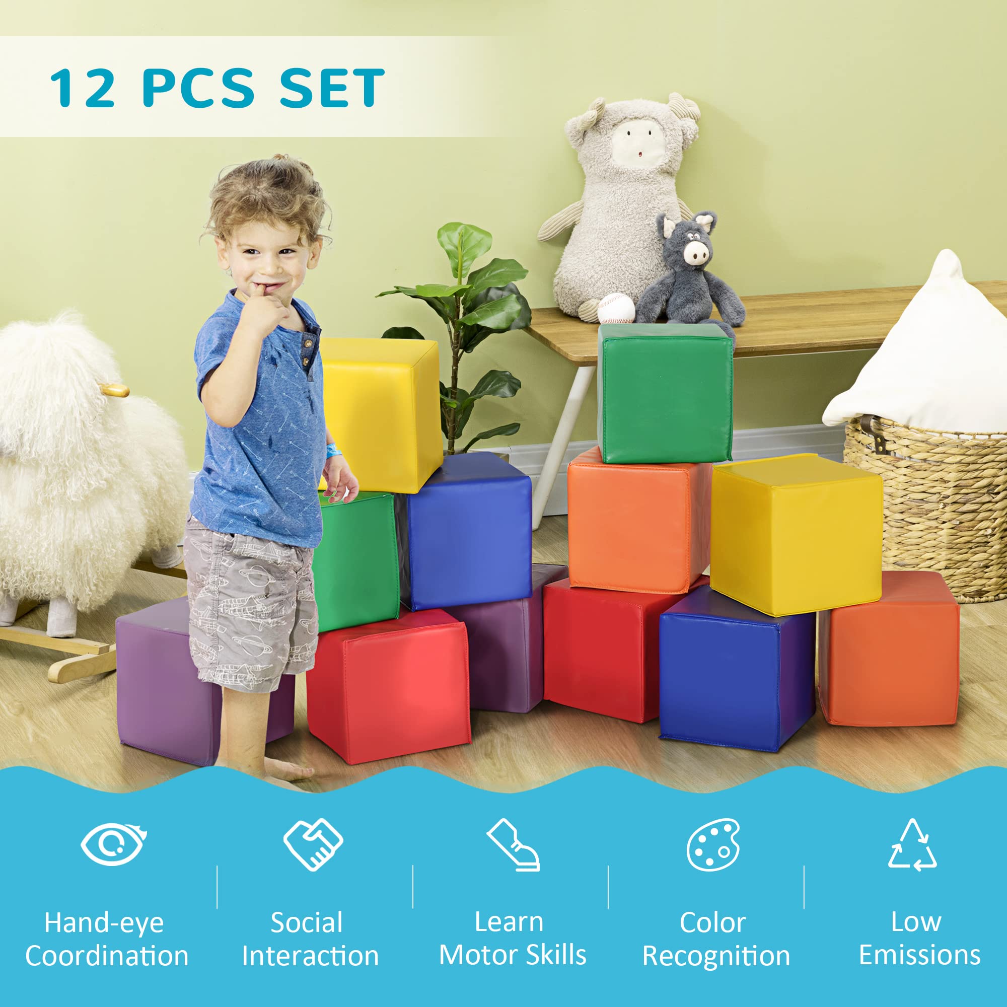 Soozier 12 Piece Soft Play Blocks Soft Foam Toy Building and Stacking Blocks Compliant Learning Toys for Toddler Baby Kids Preschool