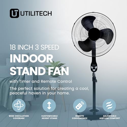 Utilitech 18-in 3-Speed Indoor Stand Fan With Timer and Remote Control