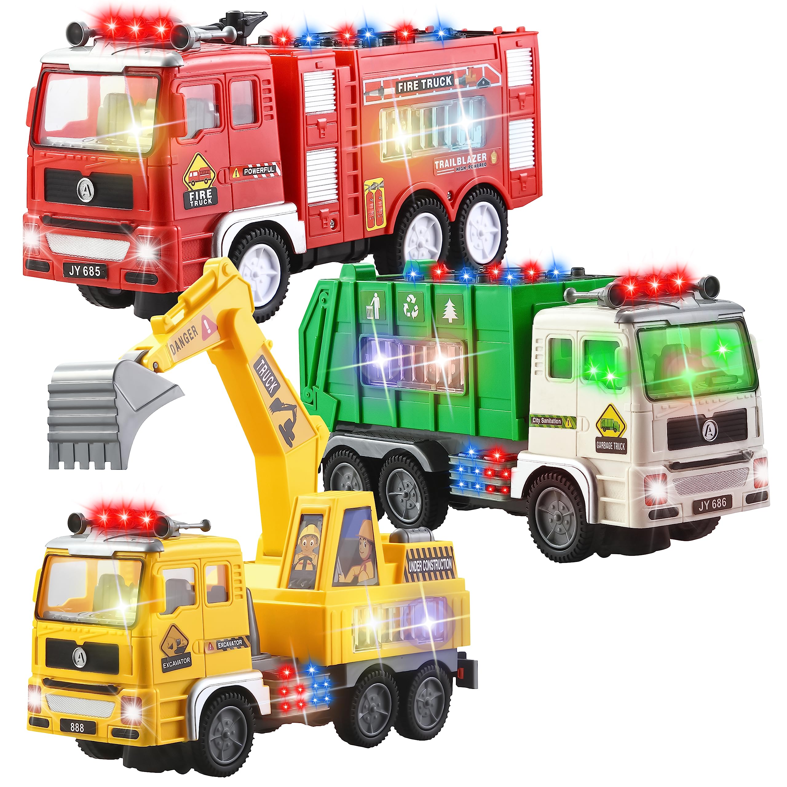 JOYIN 3-in-1 Toy Trucks, Automatic Bump & Go Fire Truck Toy, Garbage Truck, Play Excavator with Lights and Music, Vehicle Toys Gifts for Kids Boys and Girls 2-8 Years Old