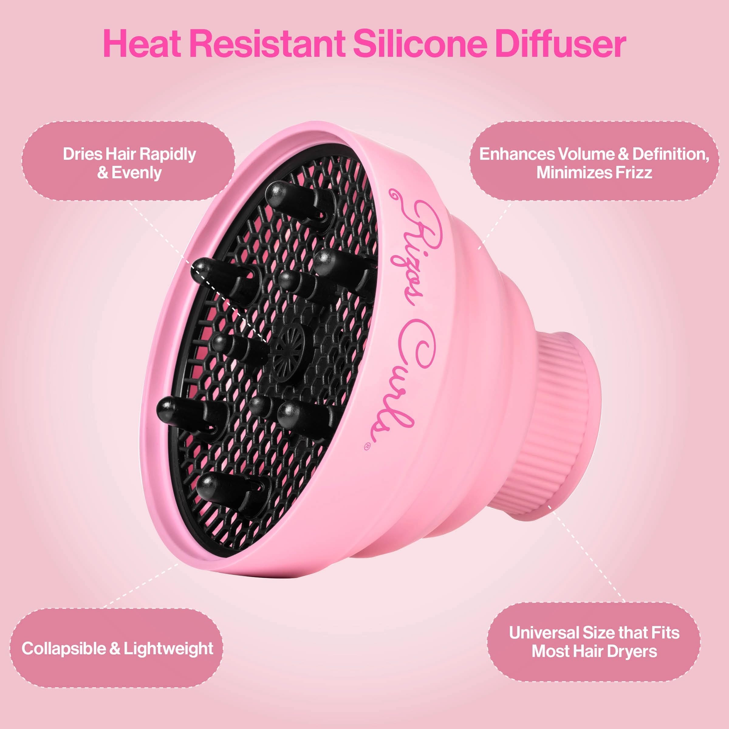 Rizos Curls Collapsible Hair Diffuser, Dry Curls Evenly & Faster, Enhances Curl Definition, Volume, and Minimize Frizz, Universal Size Fits Most Hair Dryers, Pink