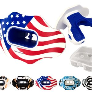 COOLLO SPORTS Lip Guard Mouthguard MAXX/Might Football and High Impact Sports Lip Protector for Adults & Youth (Strap Included) (American Flag -(Two Layers), with Case (Adult 8+))