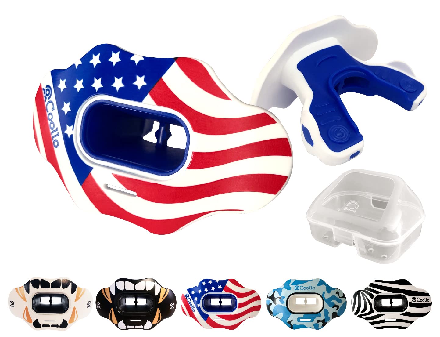 COOLLO SPORTS Lip Guard Mouthguard MAXX/Might Football and High Impact Sports Lip Protector for Adults & Youth (Strap Included) (American Flag -(Two Layers), with Case (Adult 8+))