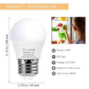 LED Refrigerator Light Bulb 40 Watt Equivalent 120V 4.5W Fridge Bulbs Daylight White 5000K E26 Medium Base, Energy Saving A15 Freezer Light Bulb, Not-dimmable, Waterproof, 2 Pack