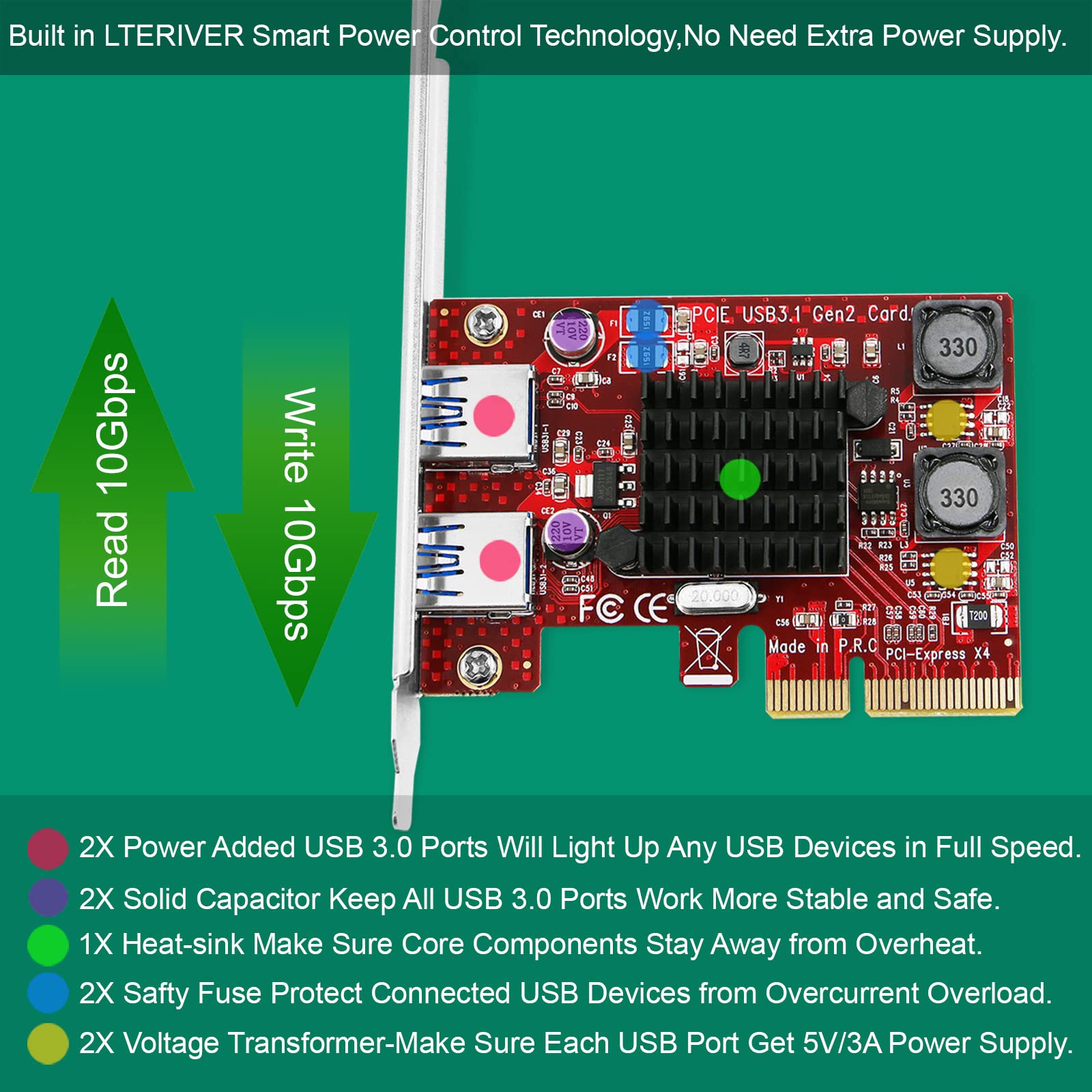 PCIE to 2 USB 3.1 GEN2 Type A 10Gbps Ports Expansion Card for Windows 7, 8.1, 10, 11 (32/64) and MAC OS 10.9,10.10,10.12,10.13,10.14,10.15 PCs, Built in Smart Power Control Technology (PCE-U312A)