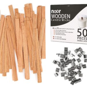 Wood Wicks for Candles Making - NOOR 50 Pieces Smokeless Wooden Wicks with Booster. Crackling Wood Wick with Metal Clips for Candle Making and DIY Candle Craft