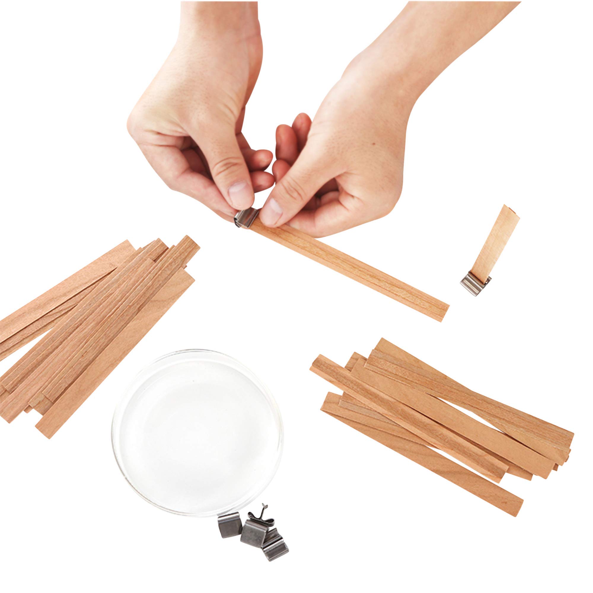 Wood Wicks for Candles Making - NOOR 50 Pieces Smokeless Wooden Wicks with Booster. Crackling Wood Wick with Metal Clips for Candle Making and DIY Candle Craft