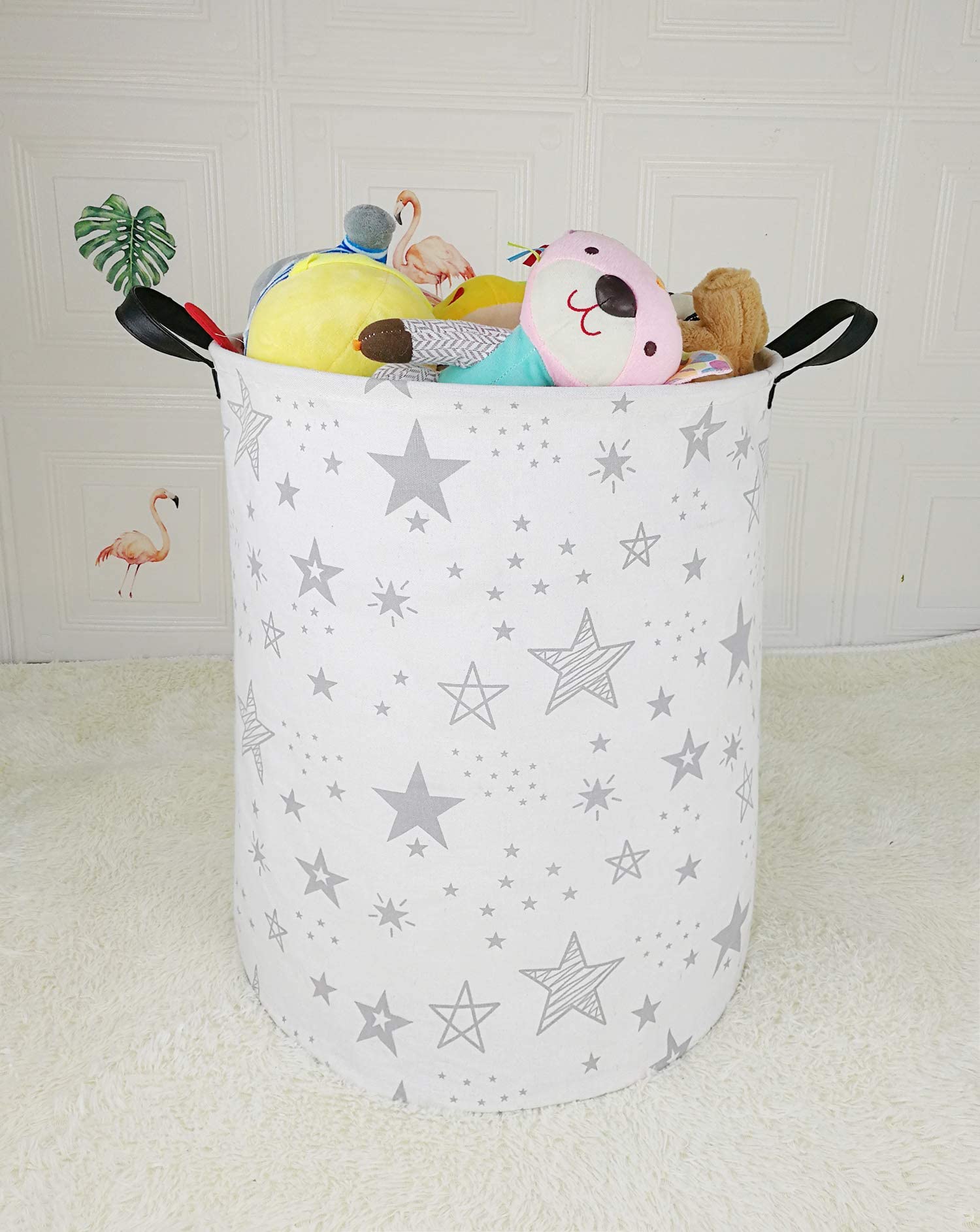 ACMUUNI 19.7" Round Canvas Large Clothes Basket Laundry Hamper with Handles,Waterproof Cotton Storage Organizer Perfect for Kids Boys Girls Toys Room, Bedroom, Nursery,Home,Gift Basket(Grey Star)