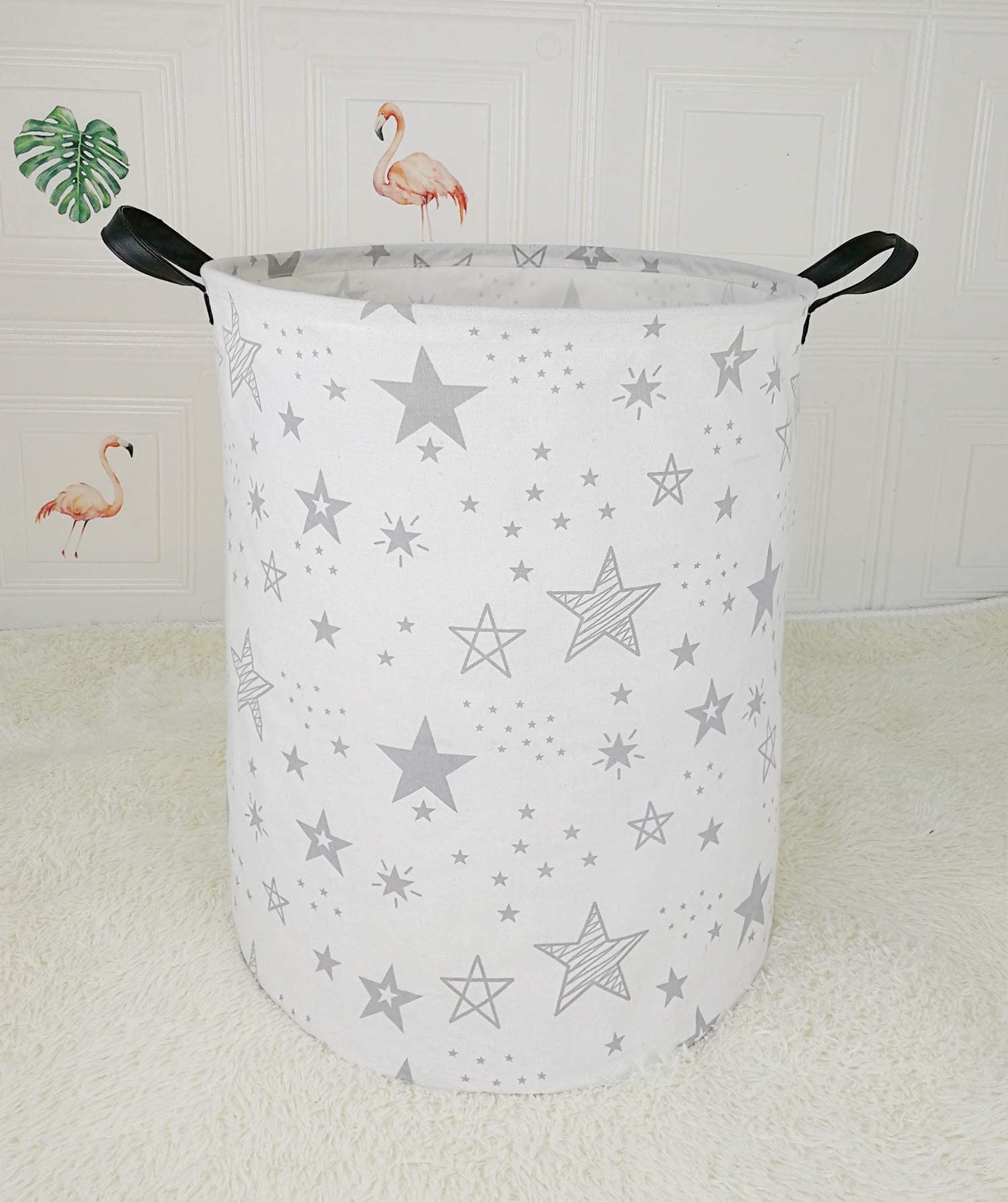 ACMUUNI 19.7" Round Canvas Large Clothes Basket Laundry Hamper with Handles,Waterproof Cotton Storage Organizer Perfect for Kids Boys Girls Toys Room, Bedroom, Nursery,Home,Gift Basket(Grey Star)