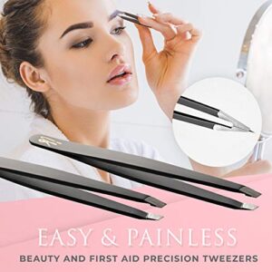 Precision Tweezers Set, Stainless Steel with Perfect Grip! Ideal for Painless Eyebrow Plucker, Ingrown Hair and Tick Removal - Beauty and First Aid Precision Tweezers - 100% Satisfaction Guarantee