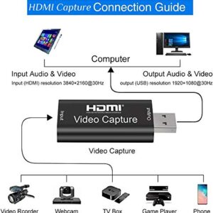 4K HDMI Video Capture Card, HDMI to USB2.0 Capture Card Full HD 1080P 30fps - Video Recording Via DSLR & Camcorder to Live Streaming Video Conference, Compatiable with Nintendo Switch, PS4, Xbox etc