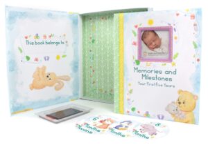 keepsake artistry 5 year baby memory book-decorative box-clean ink pad -monthly anniversary stickers-keepsake envelope-boy-girl gender neutral – designed for all families-96-page watercolor